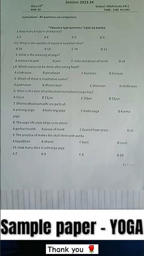 Class 12th Yoga Sample Paper || CBSE 12th Boards || 2024 Examination || #likeandshareformore ✨