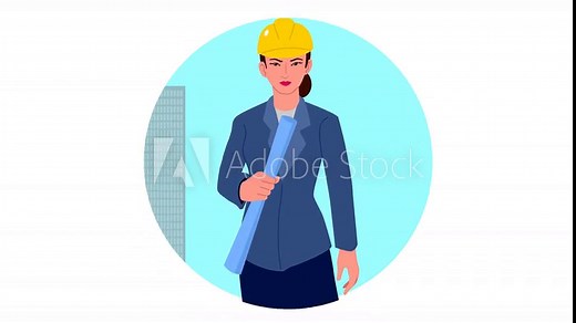Cartoon animation of a female architect with buildings popping up on her back. Perfect for construction ads, architectural portfolios, professions, occupations, and educational content