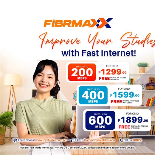 6.4K views · 15 reactions | Enjoy the best internet plan that’s right for your home with our FIBRMAXX Packages. Check out these amazing deals just for you! • FREE Digital TV Access • Low Installation Fee • FREE WIFI MESH • UPGRADED INTERNET SPEED Learn more with our customer service representative! Or simply dial #8822. | Royal Cable | Facebook