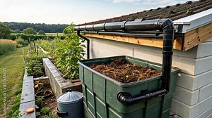 Rainwater cascading through roof gutters into green ibc tote, demonstrating sustainable water conservation method for garden irrigation and eco friendly resource management