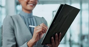 Business, woman and happy on tablet with stylus pen to sign online documents for investment approval. Corporate person, office and smile for ecommerce with contract, schedule and writing notes