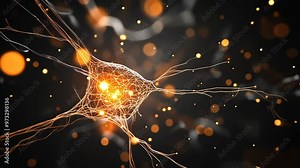 A 3D animation of a neuron firing electrical signals in the brain.