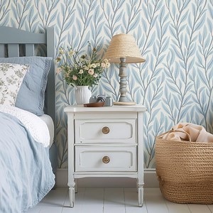 French Country Wallpaper Light Blue and White – Botanical Leaves – Peel and Stick or Prepasted Removable Renter Friendly - Bedroom, Bathroom - Etsy