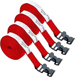 MELOTOUGH 4Pk 1" x 12ft Lashing Strap with Alligator Thumb Buckle Cargo Secure Webbing Up to 450lbs,Ladder Straps,Tie Down Straps,Utility Straps with Clips,Red