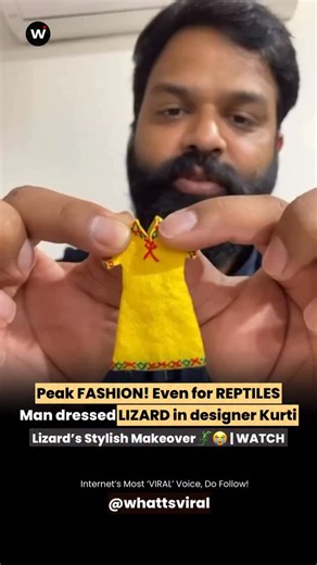 WhattsViral on Instagram: "Social media never fails to surprise, and the latest viral clip proves that fashion truly knows no bounds not even species. A video showing a man dressing a lizard in a tiny designer-style kurti has taken the internet by storm, leaving viewers amused, confused, and entertained. In the clip, the lizard is seen calmly wearing the miniature outfit as the man proudly showcases the unusual makeover. The reptile appears relaxed, adding to the humour and charm of the moment.