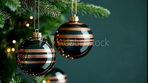 Christmas tree decorated with black and gold baubles hanging on branch