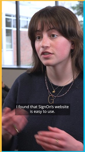 At SignOn, we want our website to be accessible and easy to use. No barriers should come between you and your ASL journey. Take a look and sign up today! SignOnConnect.com #ASL #AmericanSignLanguage #SignLanguage #SignOnConnect Video Description: SignOn logo. Young girl with long brown hair with bangs, wearing a black long sleeve sweater and gold jewelry. She is signing in ASL. Video cuts to showing SignOn’s website. Video cuts to b-roll of the girl laughing. SignOn logo appears. “Start your ses