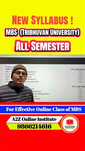 MBS in Nepal (TU) | Syllabus Discussion This video explains the MBS syllabus of Tribhuvan University (TU), Nepal. Useful for MBS students to understand subjects, semesters, and exam preparation. 📱 Join MBS Online Classes Facebook: A2Z Online Institute WhatsApp: ￼⁨986-6214616⁩ #MBS #MBSTU #MBSNepal #MBSSyllabus #TribhuvanUniversity #MBSOnlineClass #A2ZOnlineInstitute | A2Z Online Institute