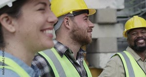 Collaboration, construction and an engineering team laughing together while working on a project. Meeting, building or planning with an engineer, architect and technician talking while happy on site