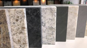 Selection of kitchen counter tops made of natural stone granite, marble and quartz