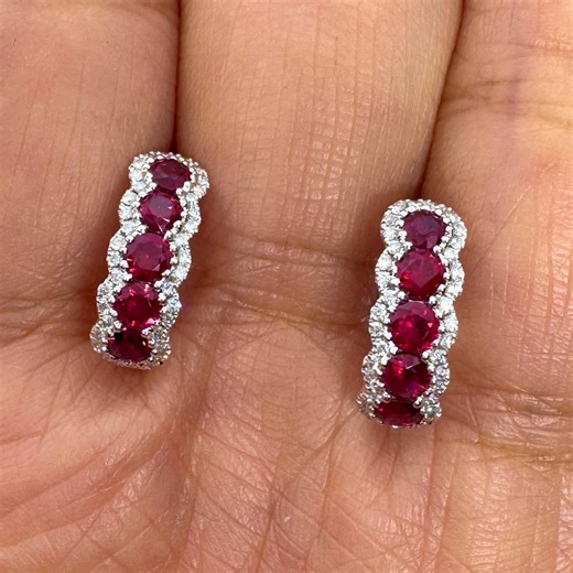 Ruby and Diamond Earrings, Ruby Diamond Hoop, 18K White Gold Ruby Diamond Earrings - Etsy
