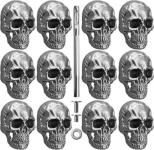 Sanyeyufeng 12Pcs Skull Rivets Buttons Skeleton Stud Goth Mental Conchos Pins for Leather Craft, Leather Belts, Shoes, Bags, Fabric DIY (Silver Gray)