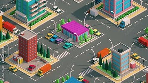 3d cgi animation of a colorful low poly city, isometric sim city flat style with buildings, cars, trees and roads. 4k Motion graphics looping background
