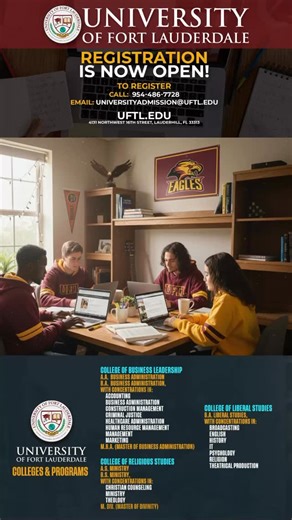 University of Fort Lauderdale on Instagram: "Ready to level up your education? 🎓 Whether it’s an MBA, a Master of Divinity, or one of our undergraduate programs (Bachelor’s & Associate degrees), UFTL has a path for you. Grow your knowledge. Expand your impact. Step confidently into your calling. ✨ 📚 Apply today and start your journey with UFTL! 🌐 Visit uftl.edu #UFTL #HigherEducation #MBA #MasterOfDivinity #UndergraduatePrograms #Bachelors #Associates #FaithAndEducation #NextLevel"