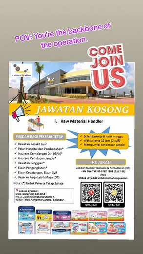 We’re hiring a Raw Material Handler to join our growing team!  Apply Now: scan QR code now! #Hiring #Jobs #Manufacturing #WarehouseJobs #MaterialHandler #telokpanglimagarang #DSGM | DSG Malaysia Sdn Bhd | Facebook