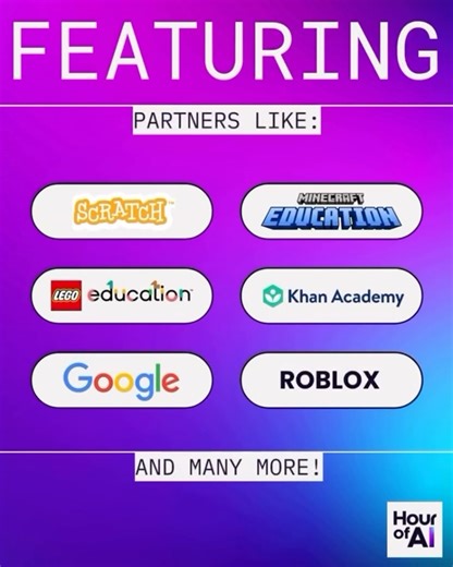 CSforALL on Instagram: "Over 350 partners have joined the Hour of AI to help bring AI literacy to classrooms around the world. Today, we’re launching brand-new activities from organizations like @minecraft Education, @scratchteam, @khanacademy, @legoeducation, @google, @roblox and @codeorg — designed to make AI accessible, hands-on, and fun for every student. Explore the full activity lineup via the link in bio!"