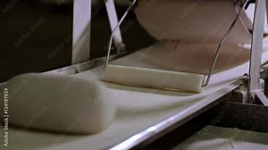 Automated production of bread. Making a loaf of bread in the bakery. Bakery industry. Loaf of bread on the production line in the baking industry. Bakery equipment. conveyor with dough.