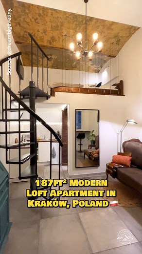 7.5K views · 85 reactions | What do you think of this 187-sqft modern loft apartment? I found this micro loft right in the Old Town of Kraków! Inside this small home, there is a small living space with a couch & desk, a small closet, a bar top for two with views of the courtyard, a small kitchen with basic appliances, a beautiful bathroom with a full-size tile shower, & a bedroom loft! Kraków, Poland  #smallhouse #apartment #loft #hometour #housetour | Alan Toscano | Facebook