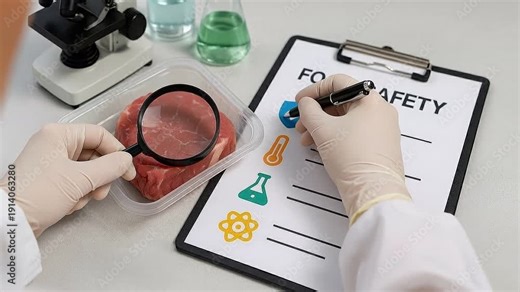 Food safety inspection with scientist examining raw meat using magnifying glass microscope clipboard gloves chemical bottles checklist laboratory testing quality control hygiene assurance food