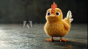 Cute cartoon chick standing confidently on a dark textured surface with a charming expression in a playful setting