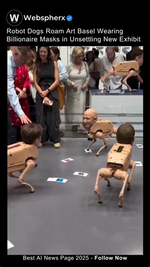 WebspherX on Instagram: "At Art Basel Miami Beach, digital artist Beeple turned heads with his new installation titled "Regular Animals." The exhibit features a pack of Boston Dynamics robot dogs wandering the gallery floor while wearing hyper-realistic masks of tech titans Elon Musk, Jeff Bezos, and Mark Zuckerberg. The installation is designed to explore the intersection of technology, wealth, and power. As the mechanical "dogs" trotted around the enclosure, attendees were left debating whethe