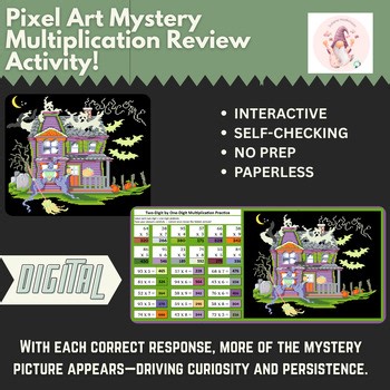 Mystery Digital Pixel Art NO PREP -Haunted House 2digit by 1digit Multiplication