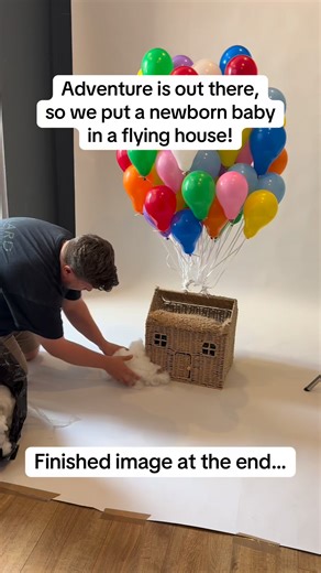 When your client is obsessed with the movie up, the only appropriate response is to create an image of their newborn in a flying house complete with helium balloons. We truly go UP above and beyond for our clients. #newbornphotographer #portraitphotography #newbornphotoshoot | Gillard Studios - Portrait Photography Studio