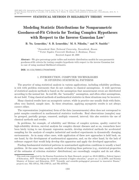 pdf modeling statistic distributions for nonparametric goodness of fit criteria for testing