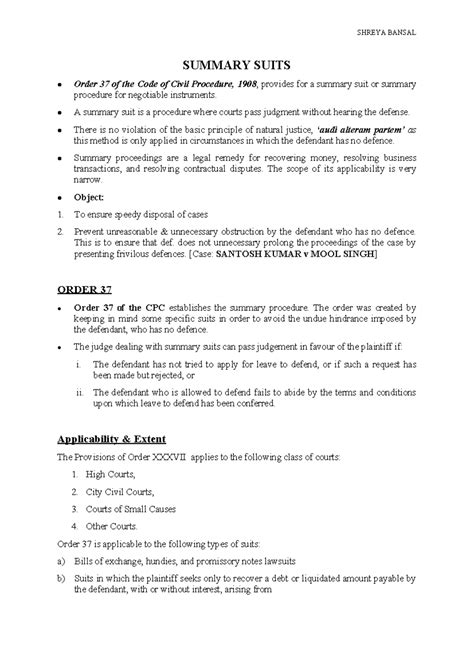 Summary Suits CPC SHREYA BANSAL SUMMARY SUITS Order 37 Of The Code