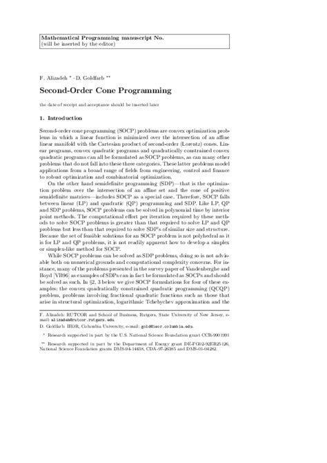 pdf second order cone programming farid alizadeh