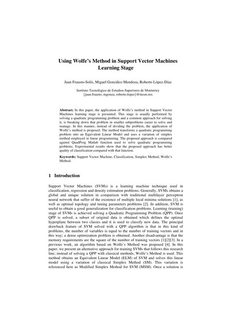 pdf using wolfe s method in support vector machines learning stage