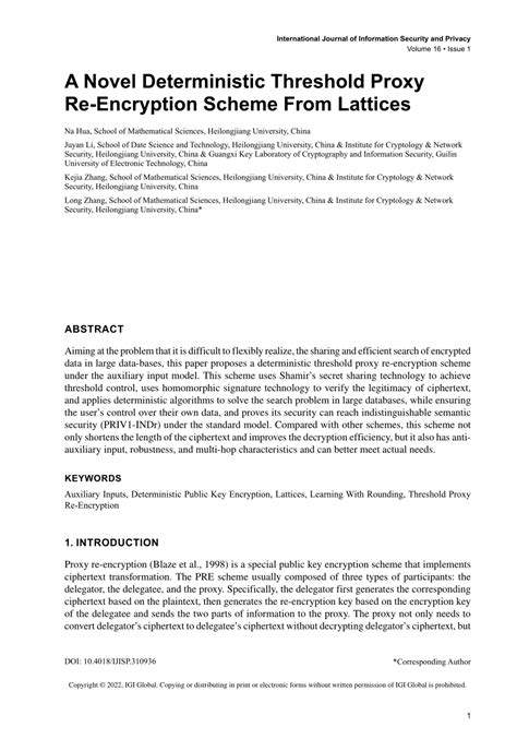 pdf a novel deterministic threshold proxy re encryption scheme from
