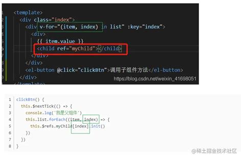 vue中的使用 refs父组件访问子组件的数据和方法在vue项目里经常用父组件要调用子组件的方法，此时就可以通过ref属 掘金