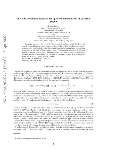 pdf the autocorrelation function for spectral determinants of quantum graphs