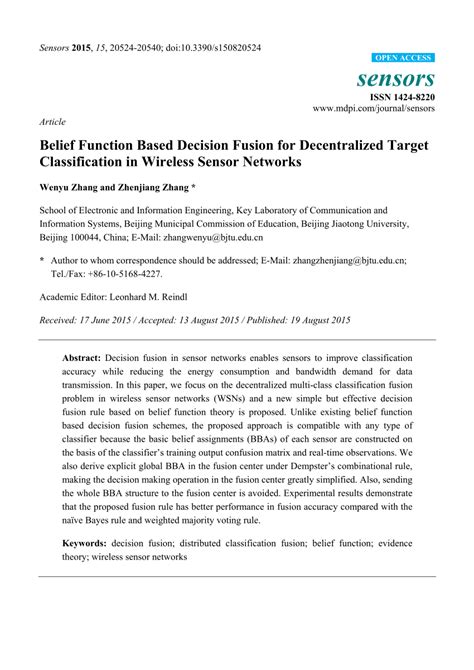 pdf belief function based decision fusion for decentralized target classification in wireless