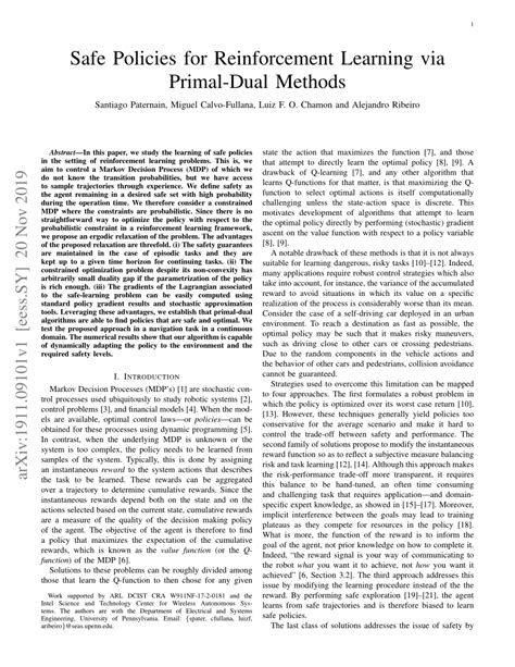 pdf safe policies for reinforcement learning via primal dual methods