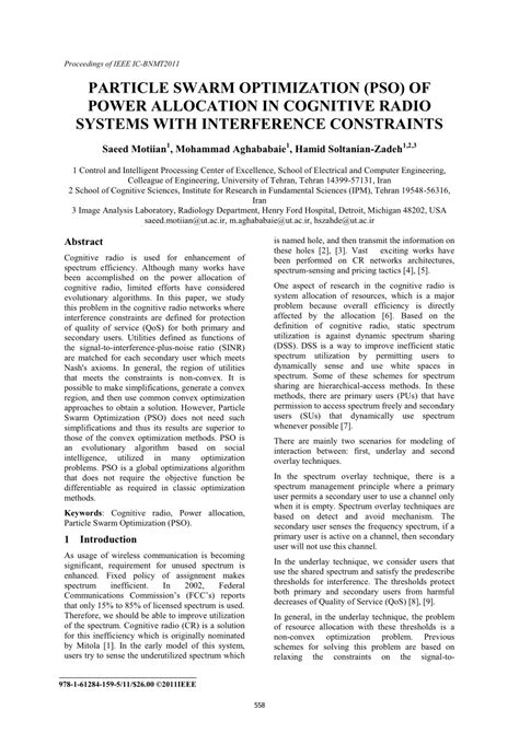 pdf particle swarm optimization pso of power allocation in cognitive radio systems with