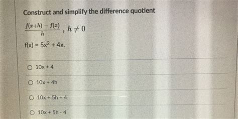 [solved] construct and simplify the difference quotient f zth f 2 h 0 h course hero
