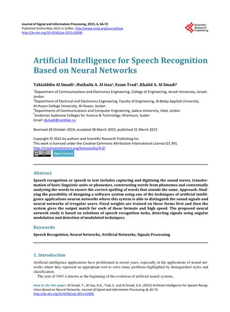 pdf artificial intelligence for speech recognition based on neural networks