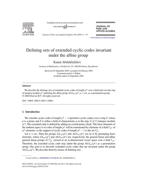 pdf defining sets of extended cyclic codes invariant under the affine group