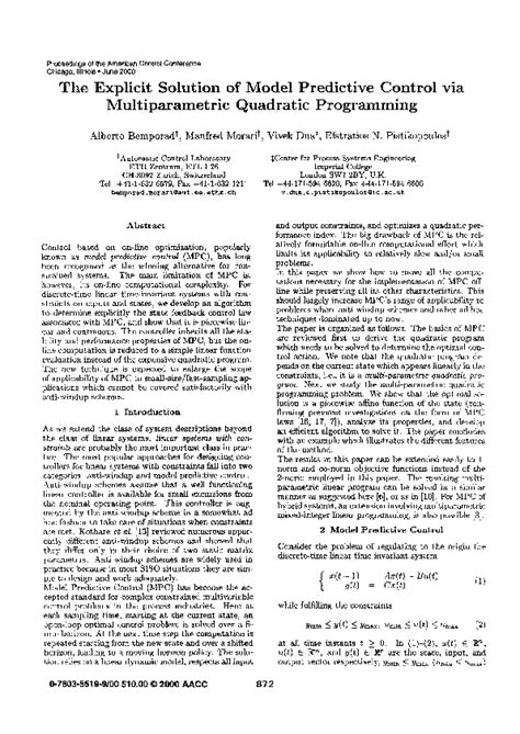 pdf the explicit solution of model predictive control via multiparametric quadratic