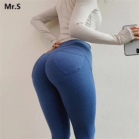 Blue Energetic Sports Leggings High Waist Butt Pocket Yoga Pants Sexy Scrunch Butt Fitness