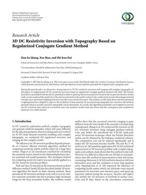 pdf 3d dc resistivity inversion with topography based on regularized conjugate gradient method