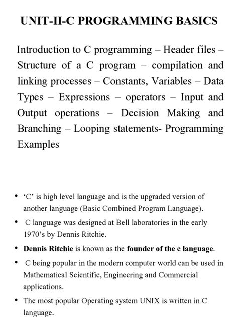 unit ii introduction to c programming pdf c programming language control flow