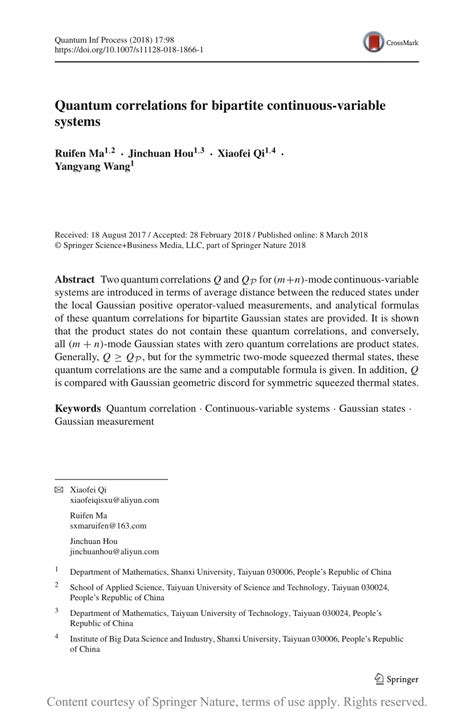 quantum correlations for bipartite continuous variable systems request pdf