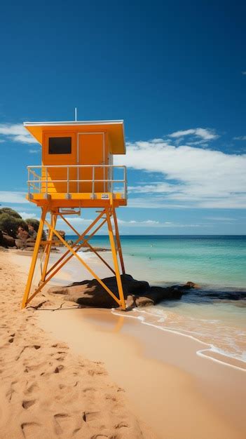 Premium Ai Image Vivid Lookout Empty Beach Hosts A Striking Yellow Lifeguard Post For Safety