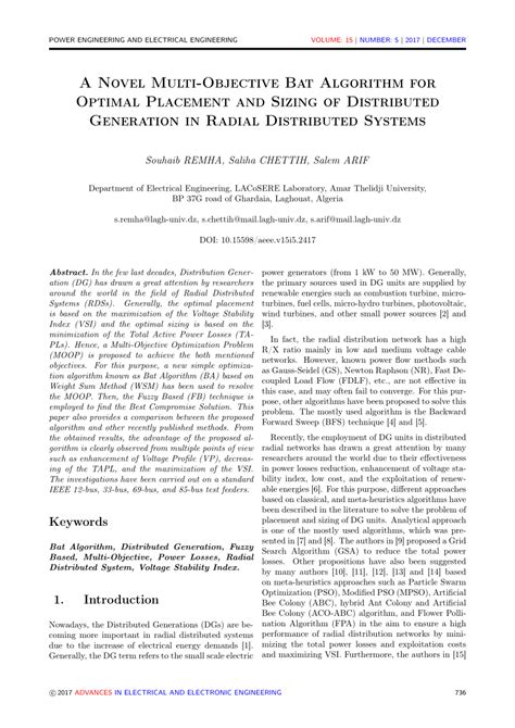 pdf a novel multi objective bat algorithm for optimal placement and sizing of distributed