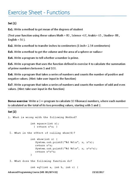 exercise sheet 1 functions pdf integer computer science parameter computer programming