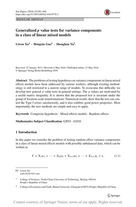 generalized p value tests for variance components in a class of linear mixed models request pdf