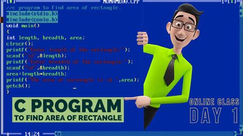 lets learn c programming language c program to find area of rectangle day 1 youtube